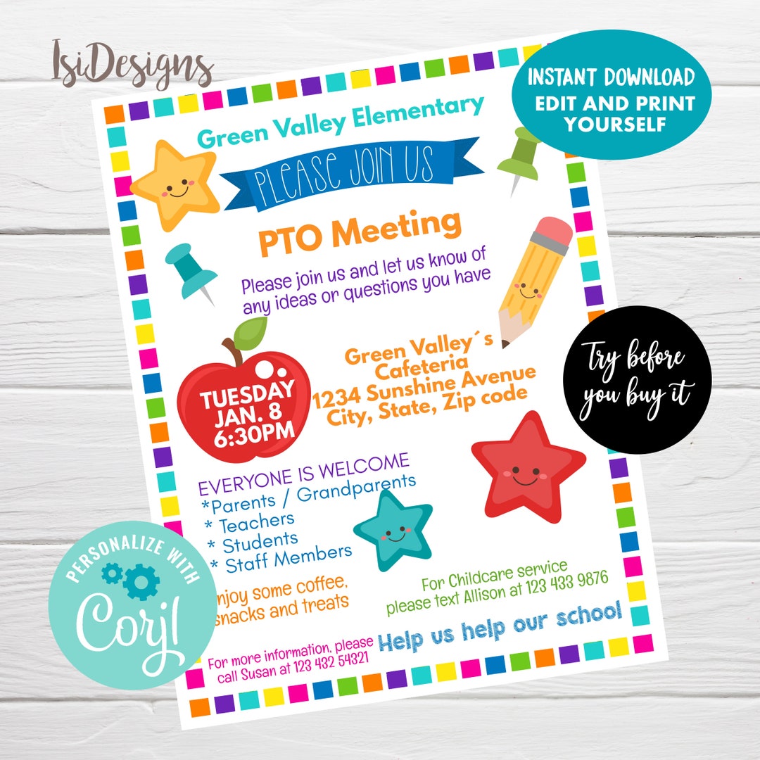 PTO PTA Meeting Informational Flyer, Editable Invitation Handout ...