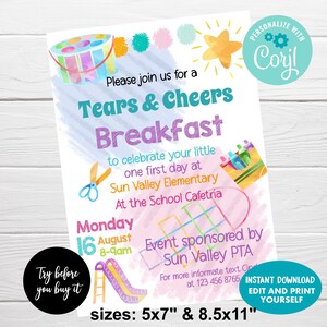 Back to School Invitation, Tears and Cheers Breakfast, Editable PTO ...