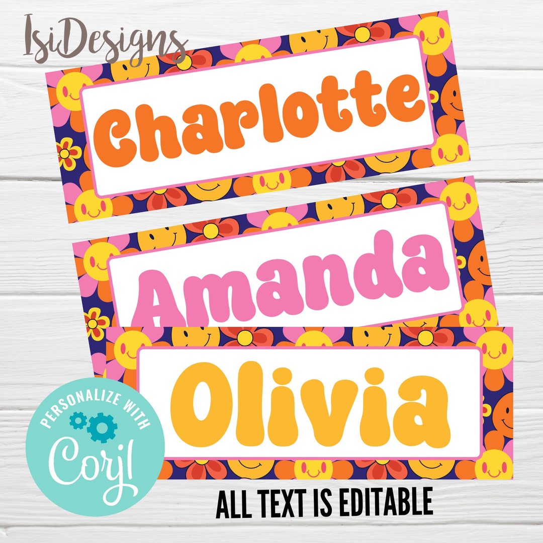 Groovy Desk Name Labels, Editable Classroom Name Label, Retro Name Tags ...