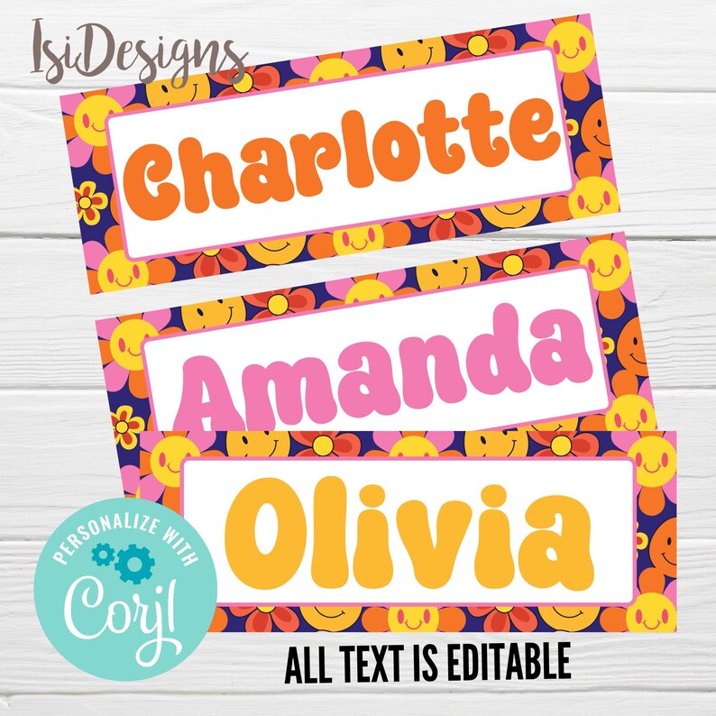 Groovy Desk Name Labels, Editable Classroom Name Label, Retro Name Tags ...