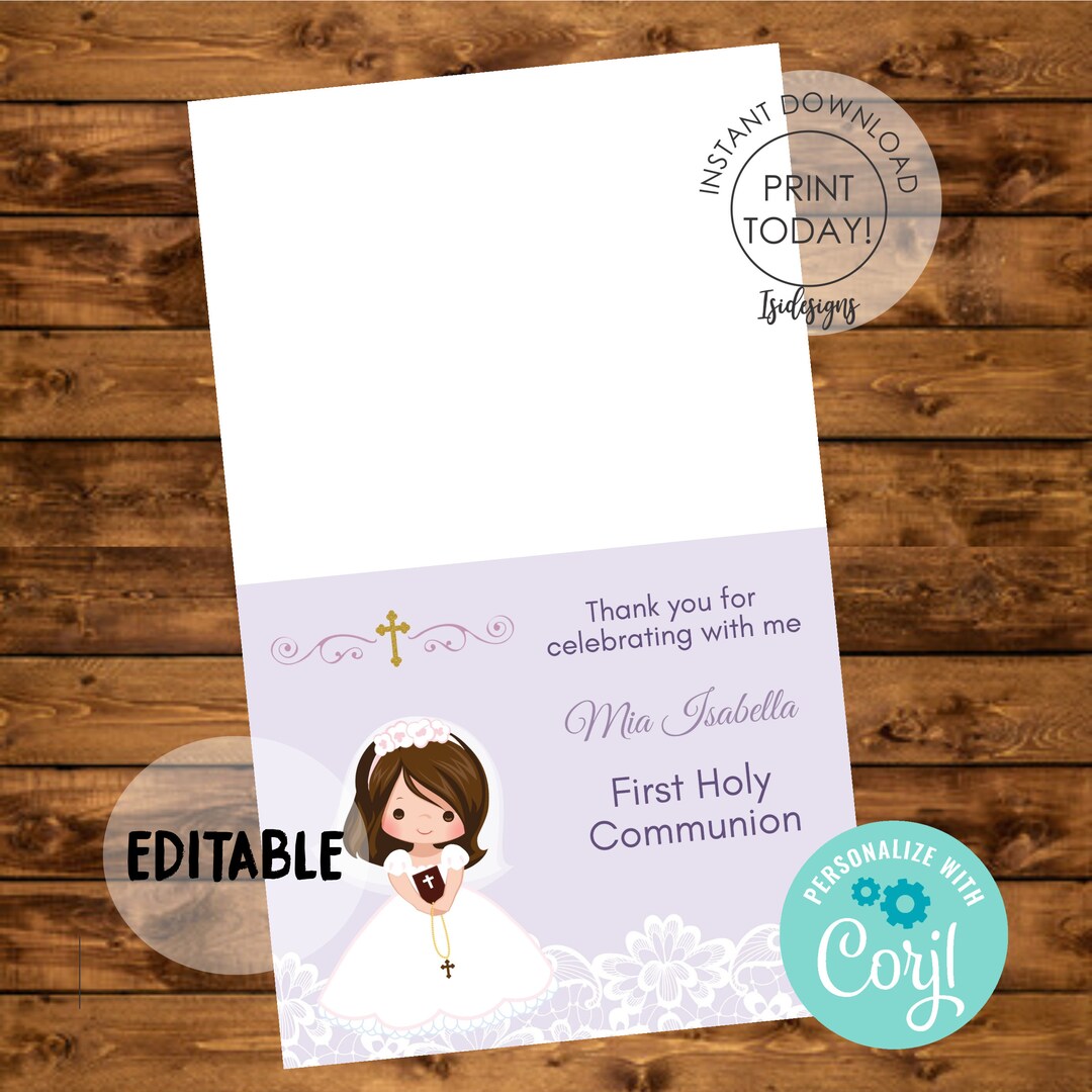 Editable Thank You Card, First Holy Communion Thank You Card, Instant ...