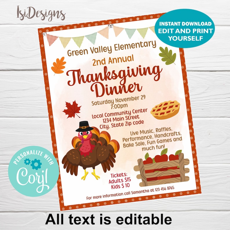 Fall Turkey Dinner Flyer Editable Thanksgiving Event Instant - Etsy