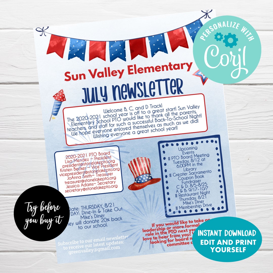 Editable PTO July Newsletter, School Flyer, Instant Download, School ...