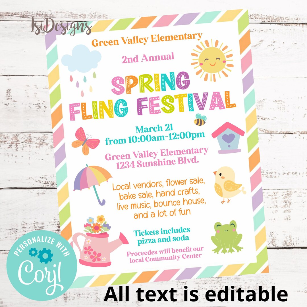 Spring Fling Flyer, Editable Spring Festival Invitation, School PTA PTO ...