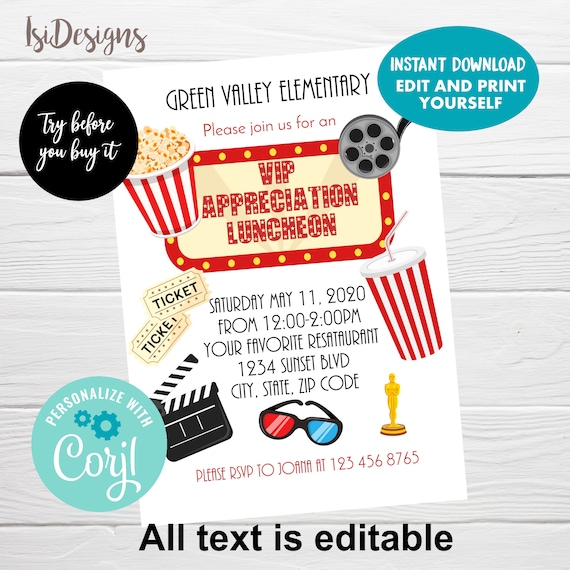 Luncheon Appreciation Editable Invitation, Instant Download, VIP Movie ...