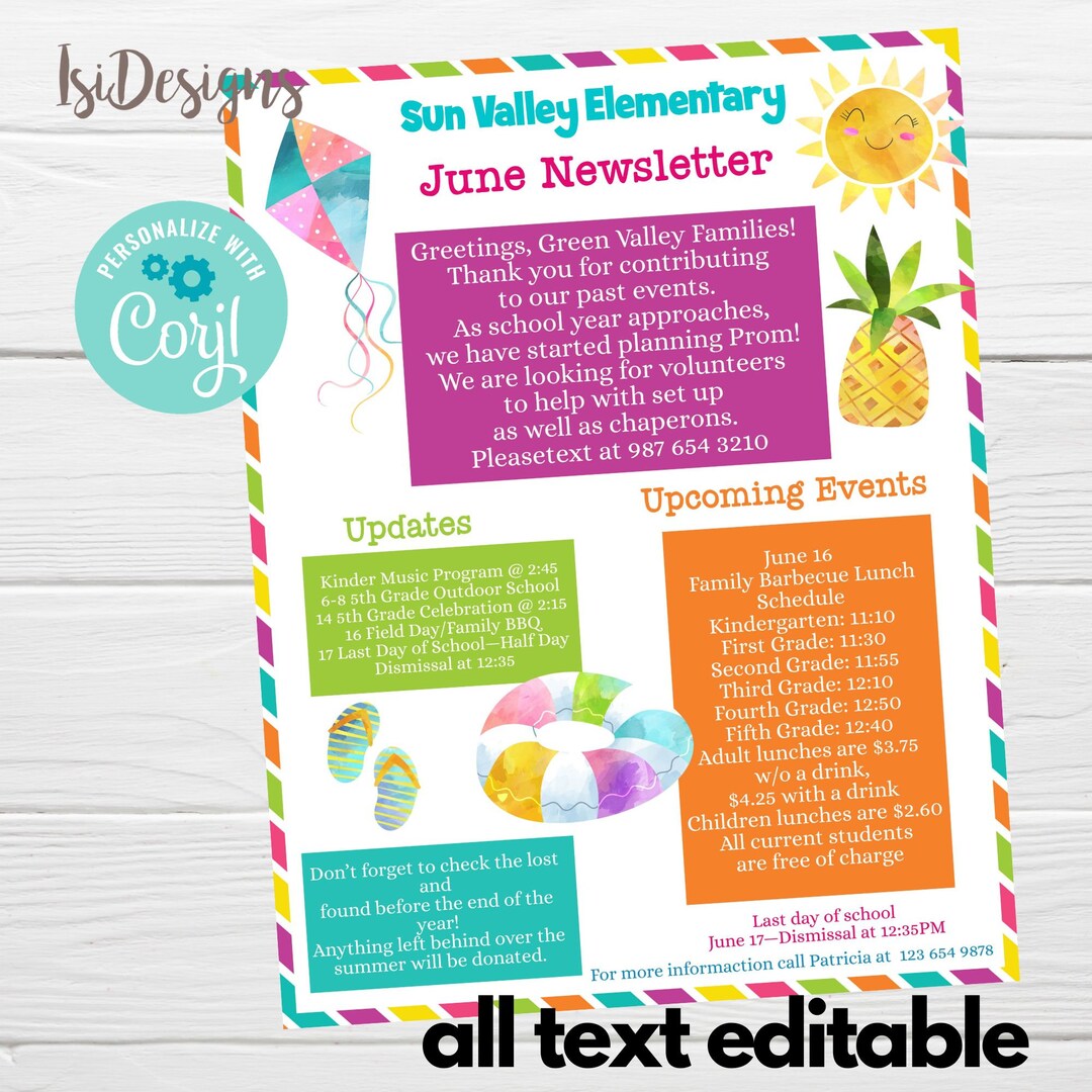 June PTA/PTO Editable Newsletter, School Newsletter, June Event ...