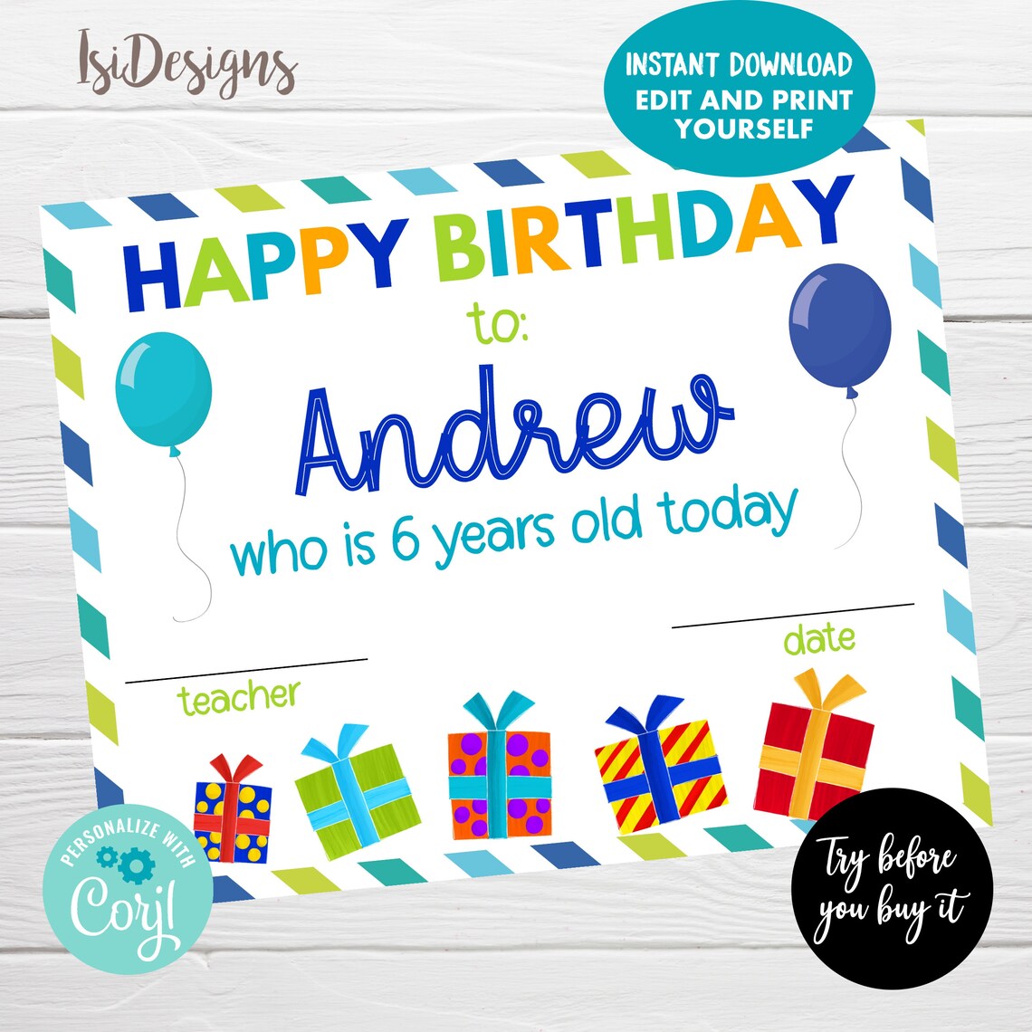 Birthday Certificate Instant Download Happy Birthday Award - Etsy
