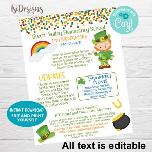 March Editable Newsletter, School PTO PTA St Patrick's Event Flyer ...