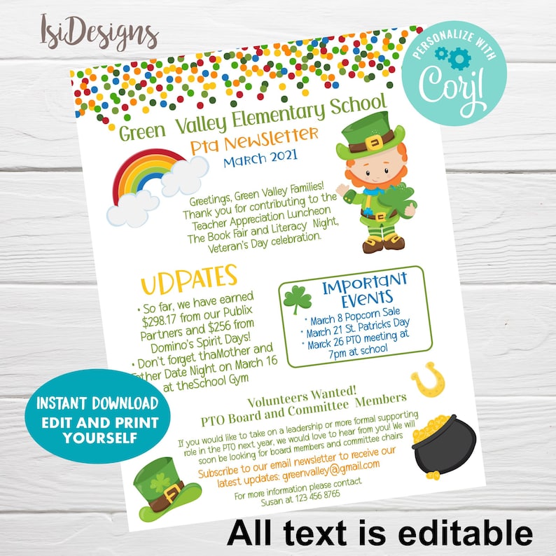 March Editable Newsletter, School PTO PTA St Patrick's Event Flyer ...