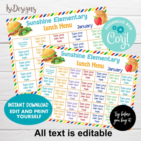 Lunch Menu Template for Kids - Etsy