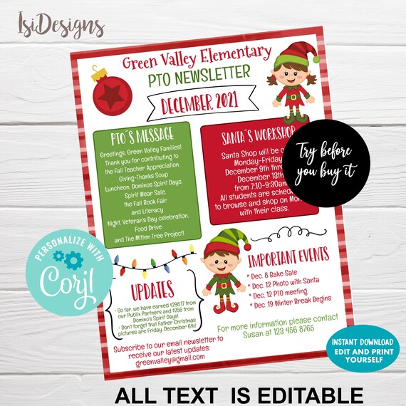 December PTO Editable Newsletter, Christmas Upcoming Events School ...