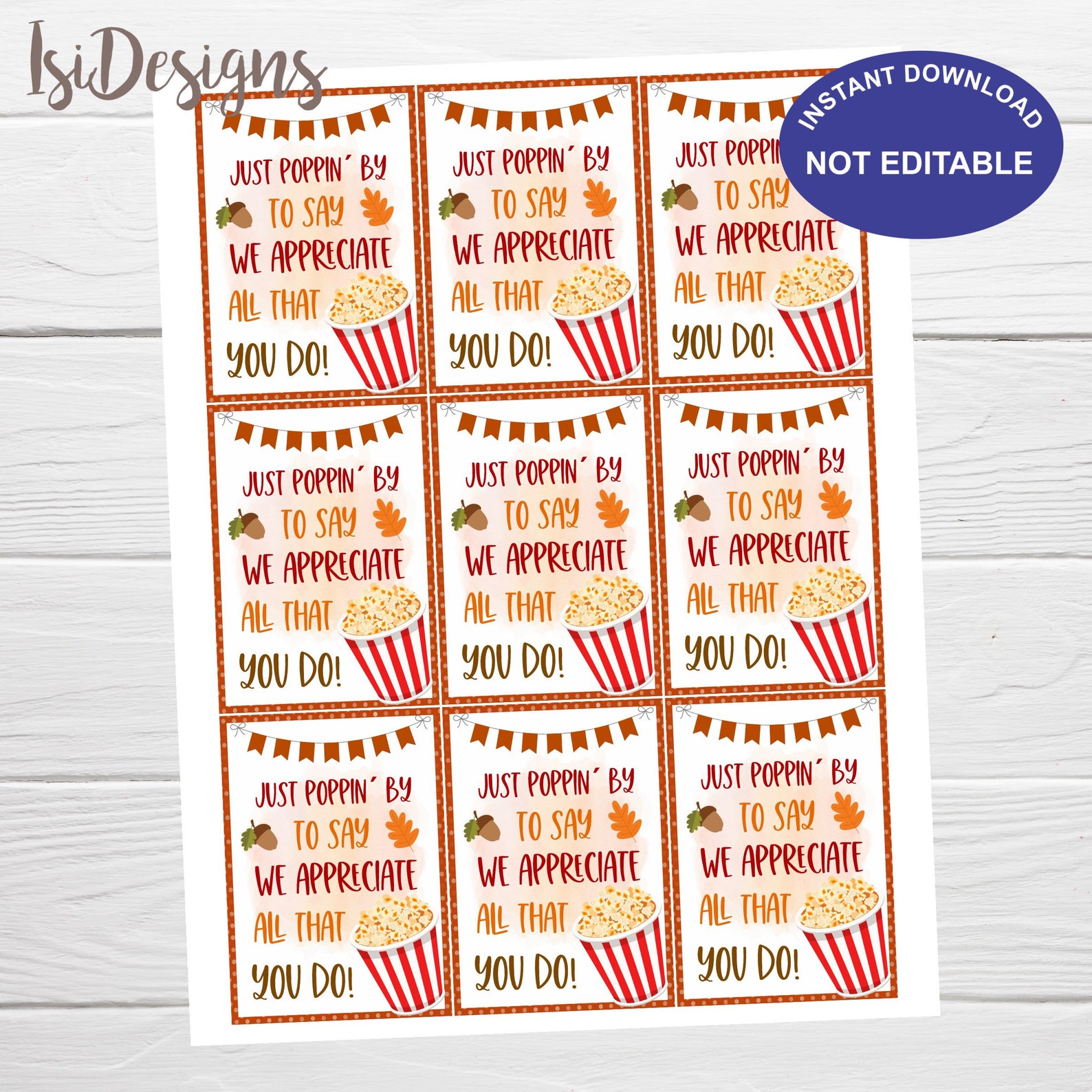 Popcorn Fall Appreciation Thank You Tags Instant Download - Etsy