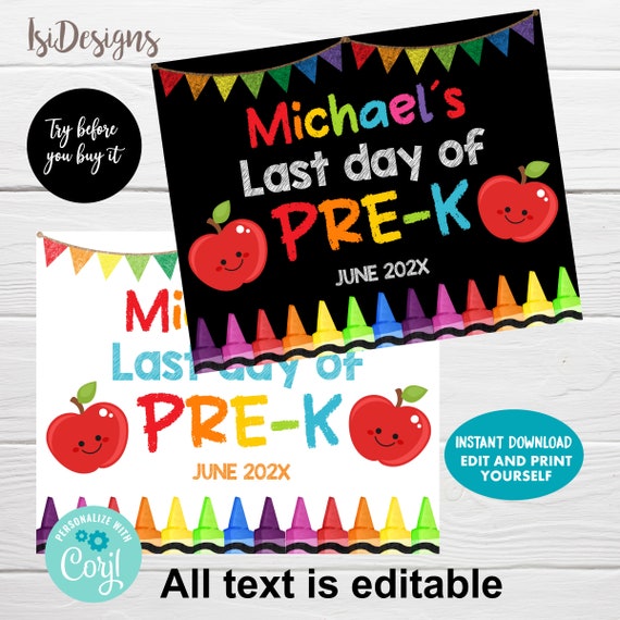 Personalized First and Last day of School, Editable Chalkboard Prop ...