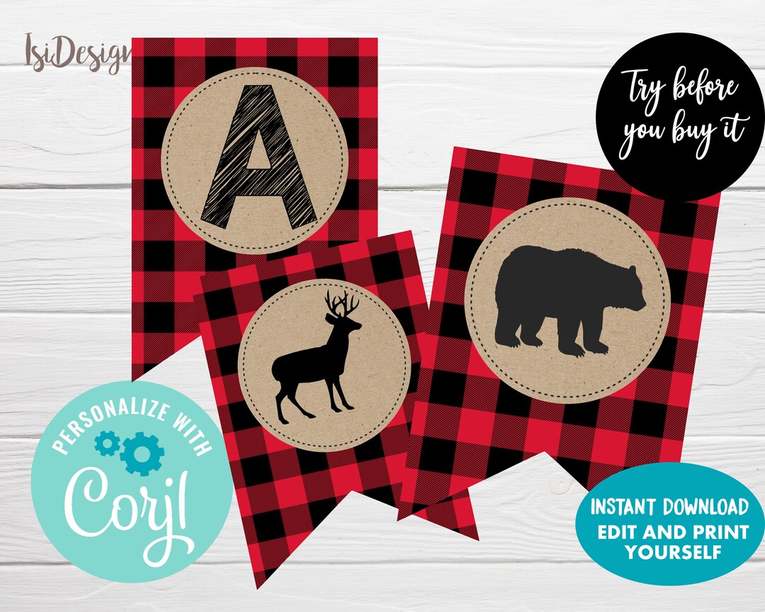 Editable Rustic Banner Red Plaid Lumberjack Bunting Banner - Etsy