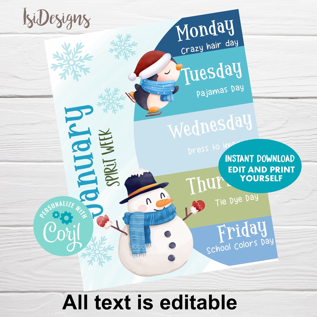 January Spirit Week Editable Planner, Winter Week Schedule, PTO/PTA ...
