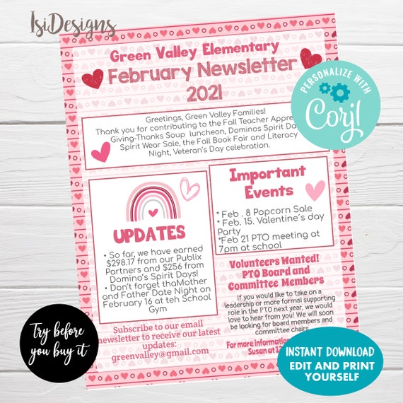 February PTO PTA Newsletter Flyer, Editable Valentine's Day Flyer ...