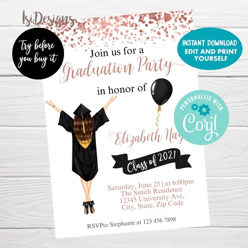 Electronic Graduation Invitation Editable Template College - Etsy