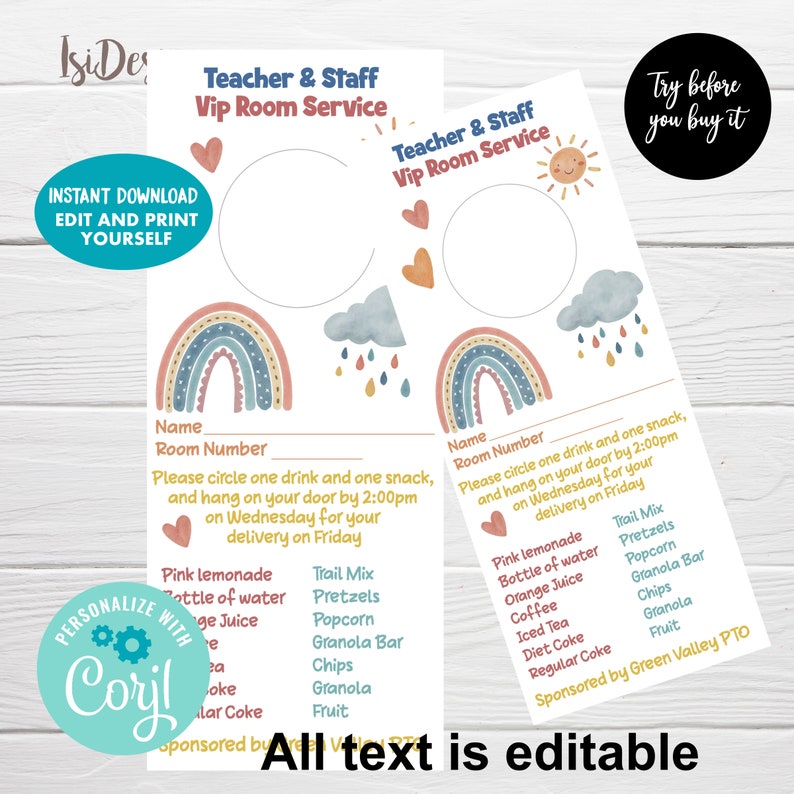 Editable Teacher & Staff VIP Room Service Door Hanger Instant - Etsy