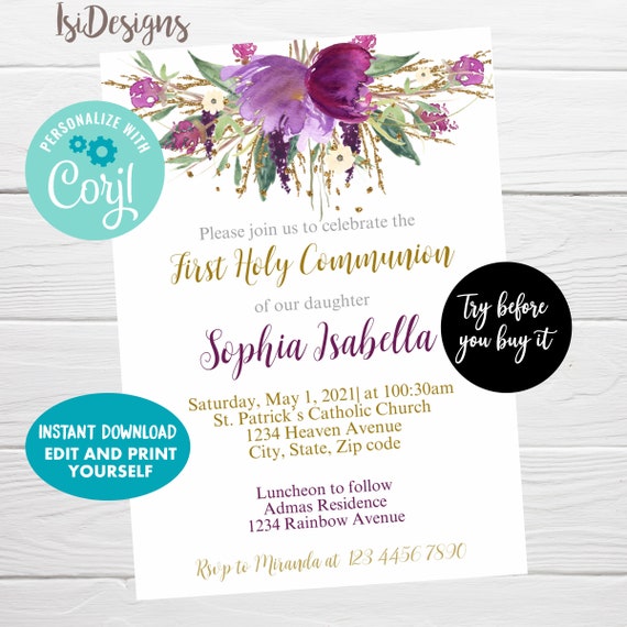 Lavender First Holy Communion Invitation, Editable Floral Girl ...
