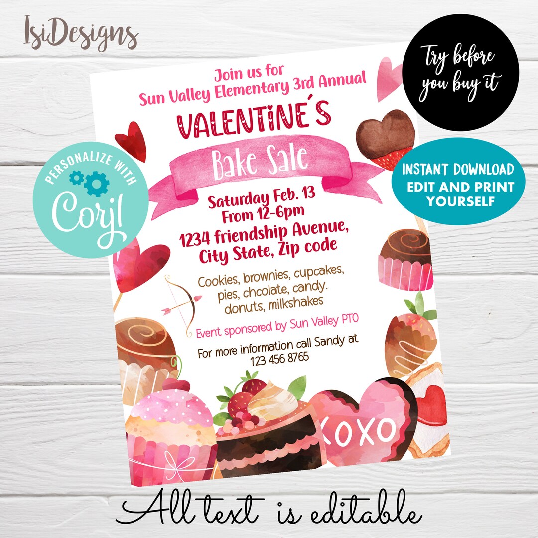 Valentine's Day Bake Sale Editable Flyer, Instant Download, Valentine ...