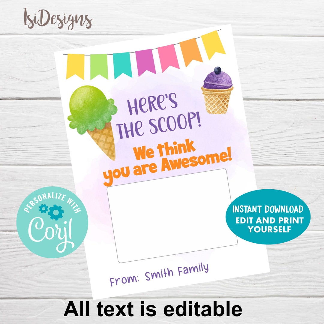 Ice Cream Gift Card Holder, Here's the Scoop, Instant Digital Download ...