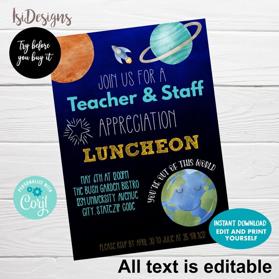 Teacher & Staff Appreciation Luncheon Editable Invitation, PTA /PTO ...