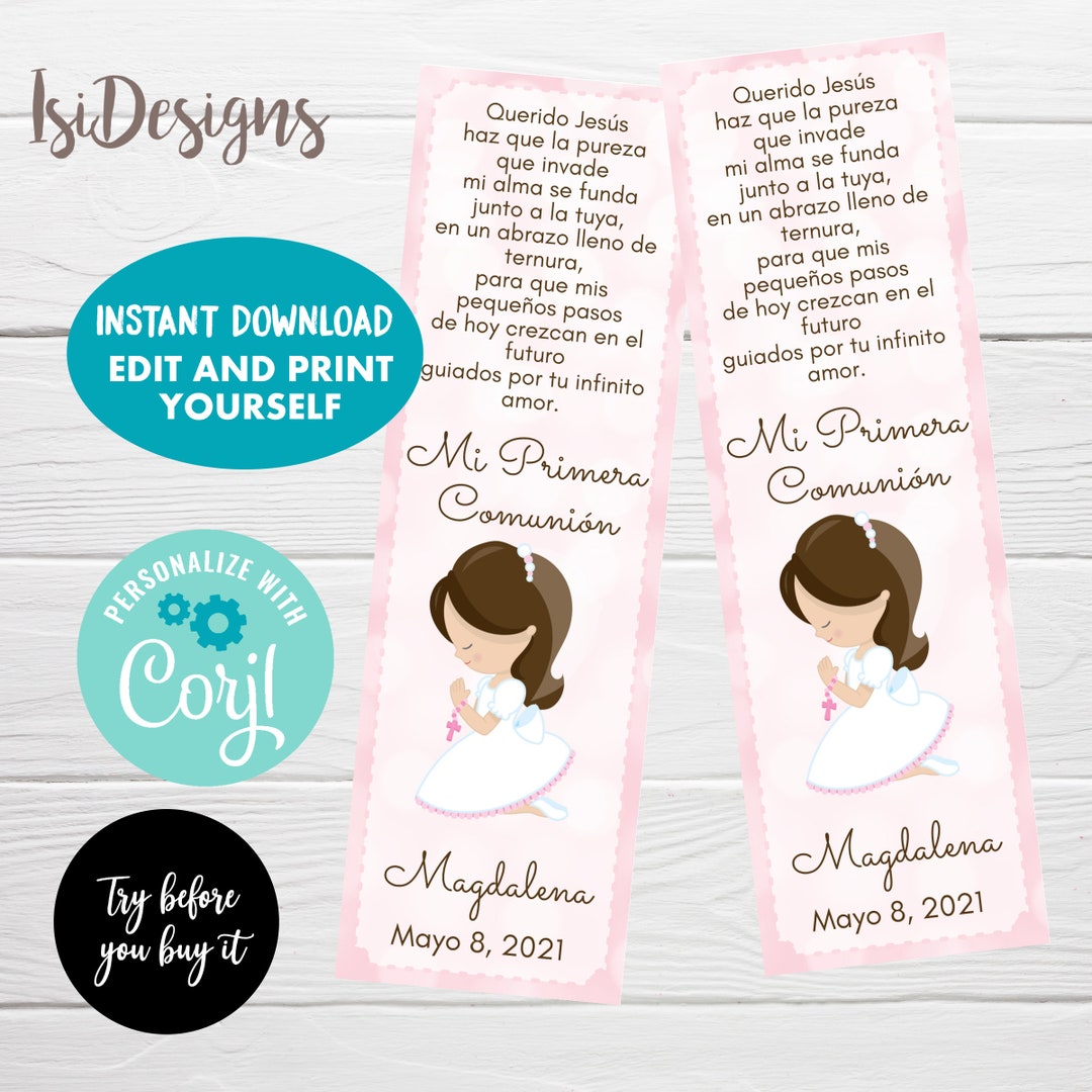 Pink First Holy Communion Bookmark Favors, Editable Communion Favors ...