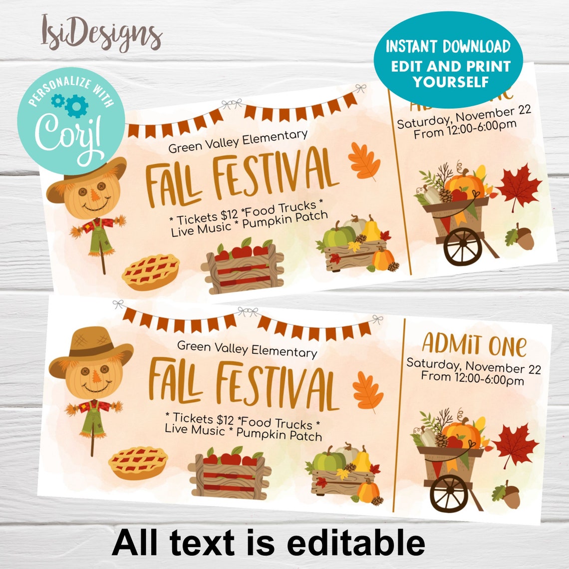 Fall Festival Editable Ticket, Instant Download, Pumpkin Fundraiser ...