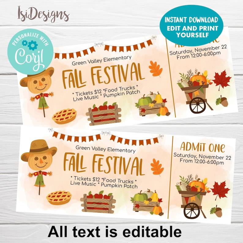 Fall Festival Editable Ticket, Instant Download, Pumpkin Fundraiser ...