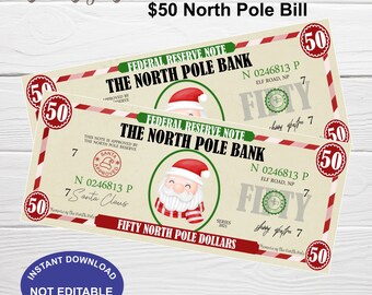 Printable North Pole Santa Money, Play Money, Christmas Dollar Bill ...