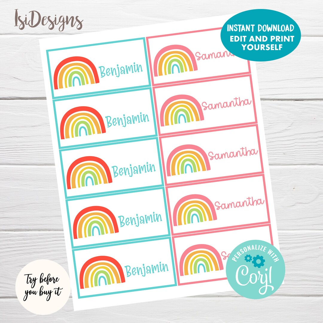 Rainbow Editable Name Labels, Instant Download, Rainbow Name Tags ...