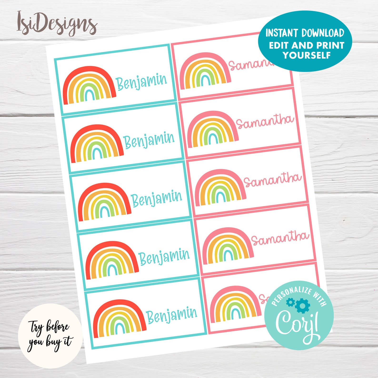 Rainbow Editable Name Labels, Instant Download, Rainbow Name Tags ...