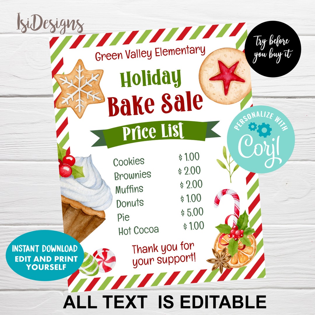 Christmas Bake Sale Editable Price List, Instant Download Holiday Bake ...