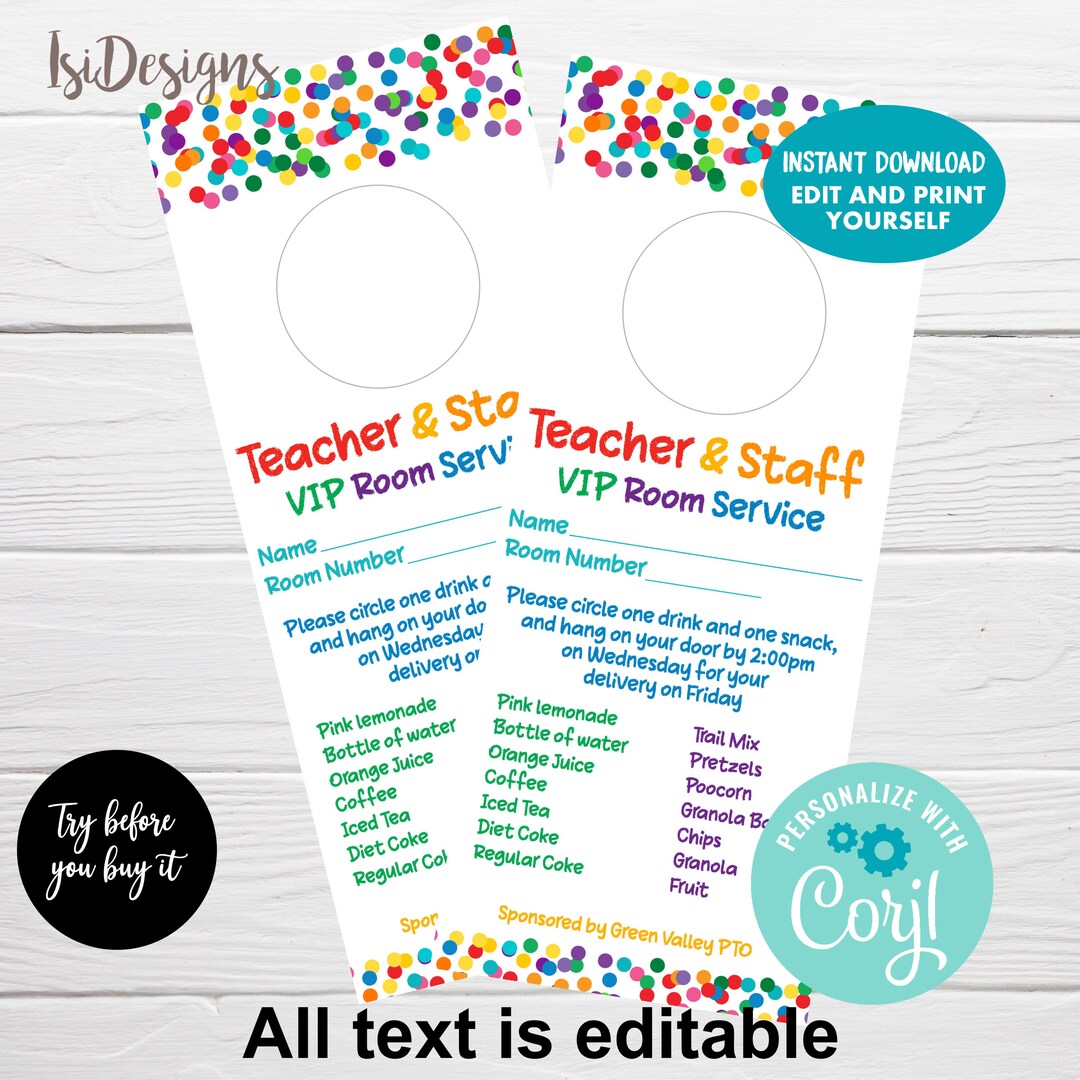 VIP Room Service Teacher & Staff Editable Door Hanger, Instant Download ...