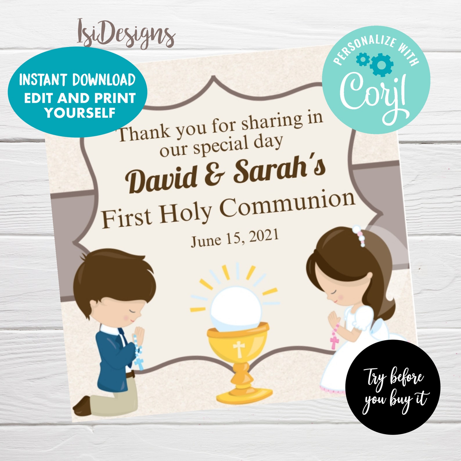 First Holy Communion Favor Tags, Editable Boy and Girl Communion Gift ...