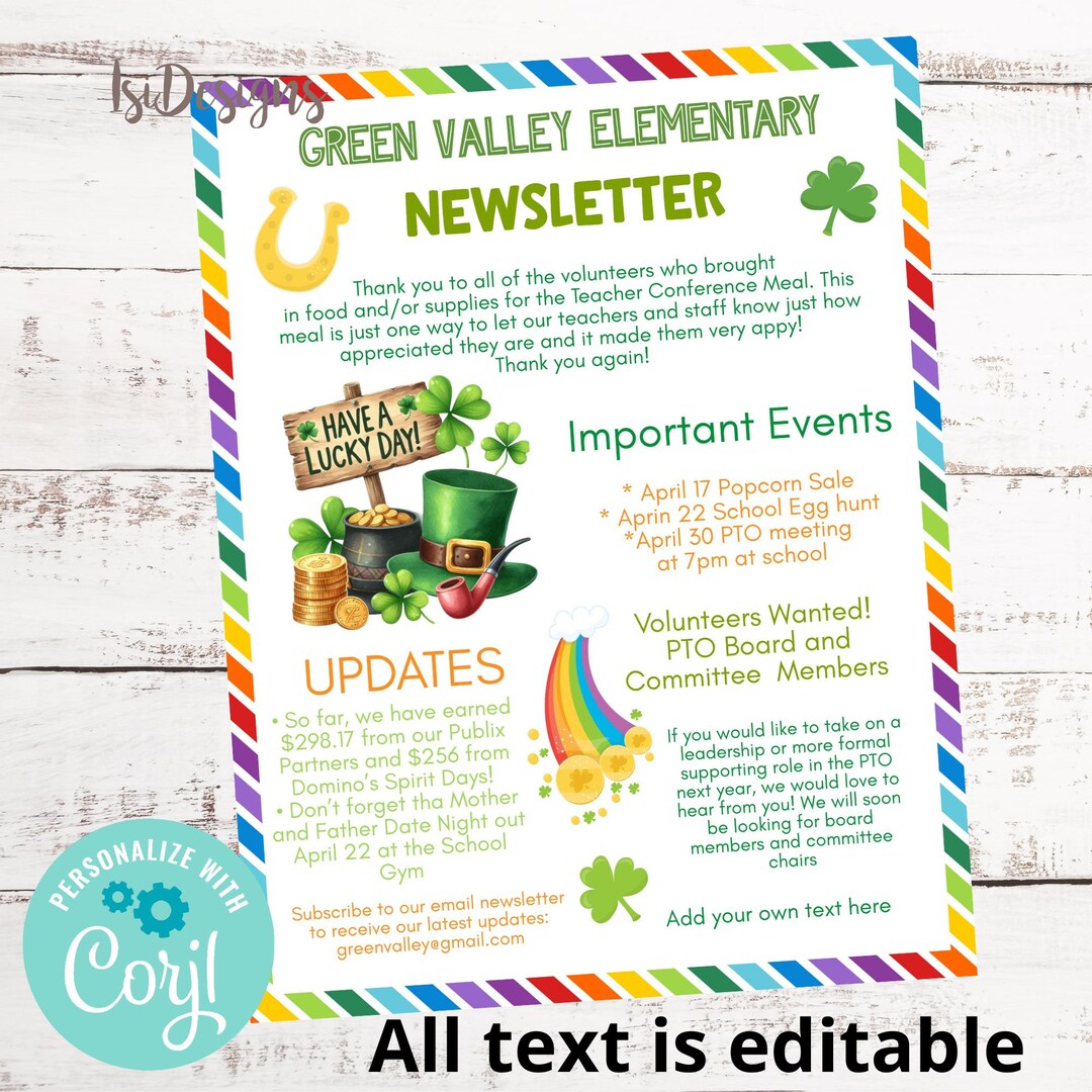 Editable March PTO PTA Newsletter Flyer, St. Patricks Day School ...