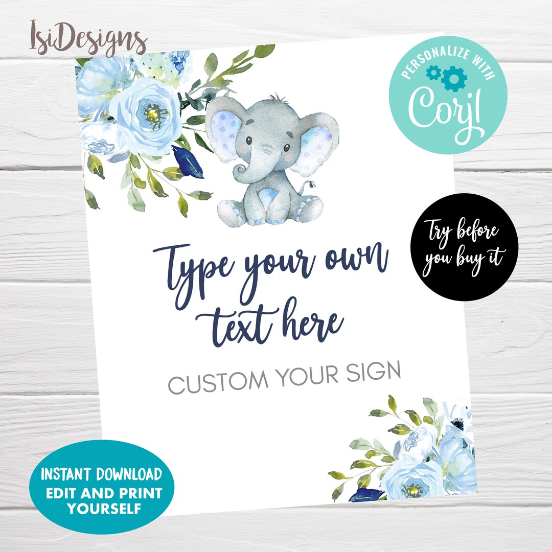 Floral Blue Elephant Sign, Instant Download, Custom Baby Shower Sign ...