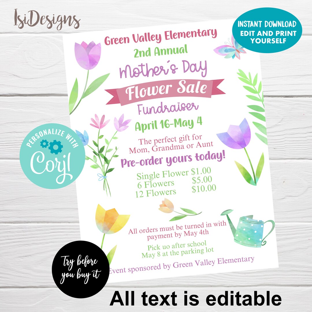 Mother's Day Flower Sale Fundraiser Flyer, School PTO/PTA Church ...