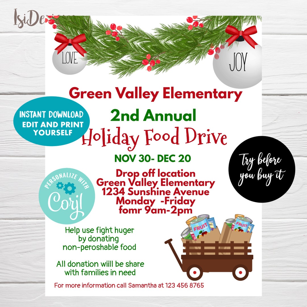 Holiday Food Drive Flyer, PTA PTO Flyer, School Church, Editable ...