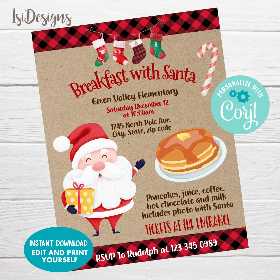 Santa Breakfast Editable Flyer, Pancakes With Santa, Christmas Party ...