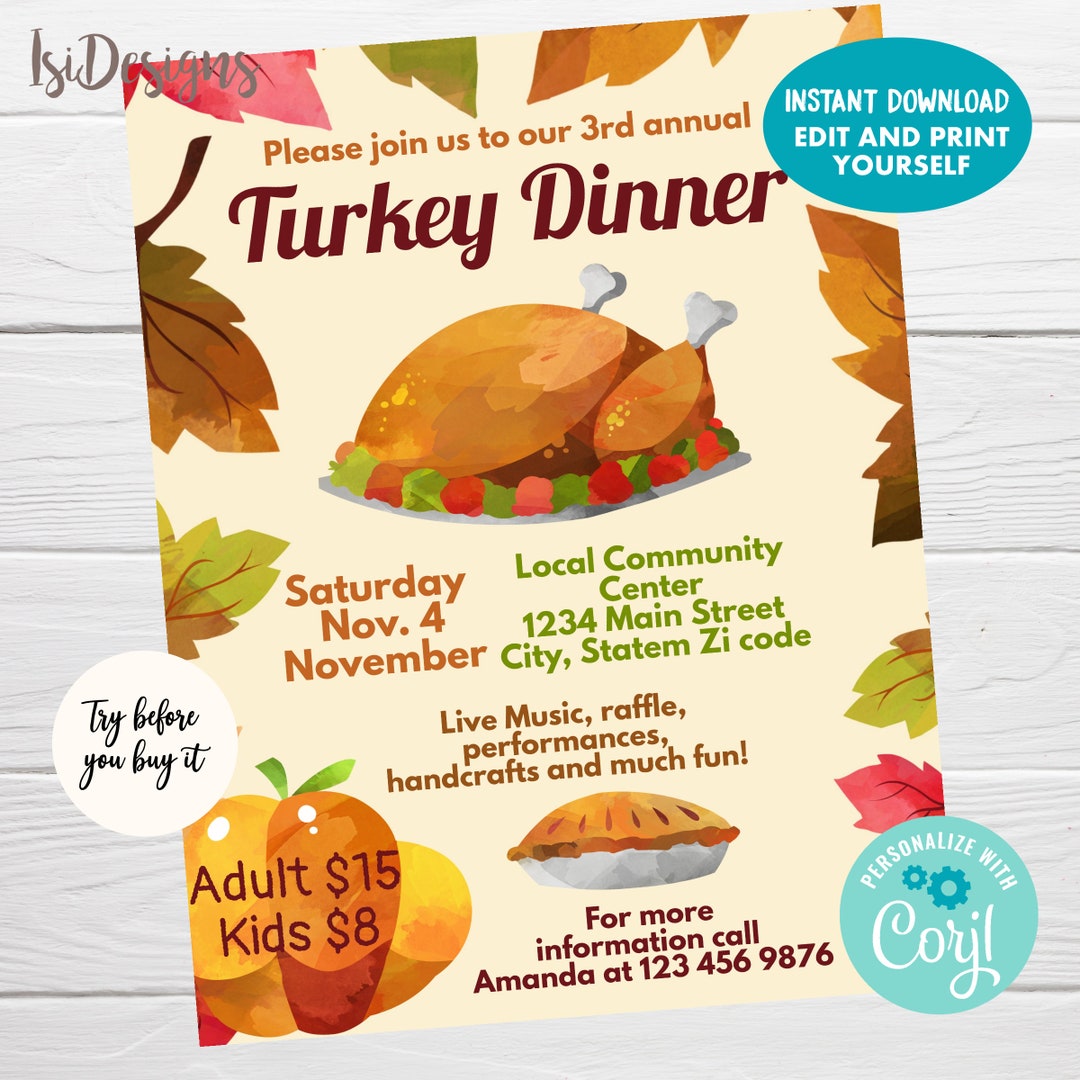 Editable Thanksgiving Dinner Flyer Template Corjl, Turkey Fundraiser ...
