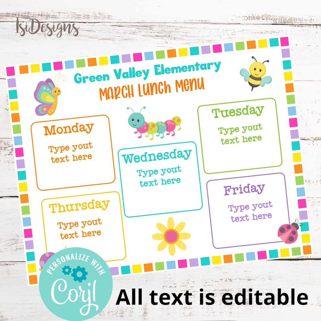 March Weekly School Lunch Meal Planner, Editable Kids Lunch Menu, Pack ...