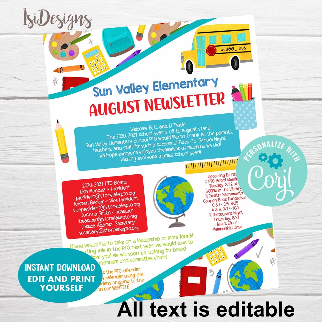 August PTO PTA Newsletter, Editable School Events Flyer, Instant ...