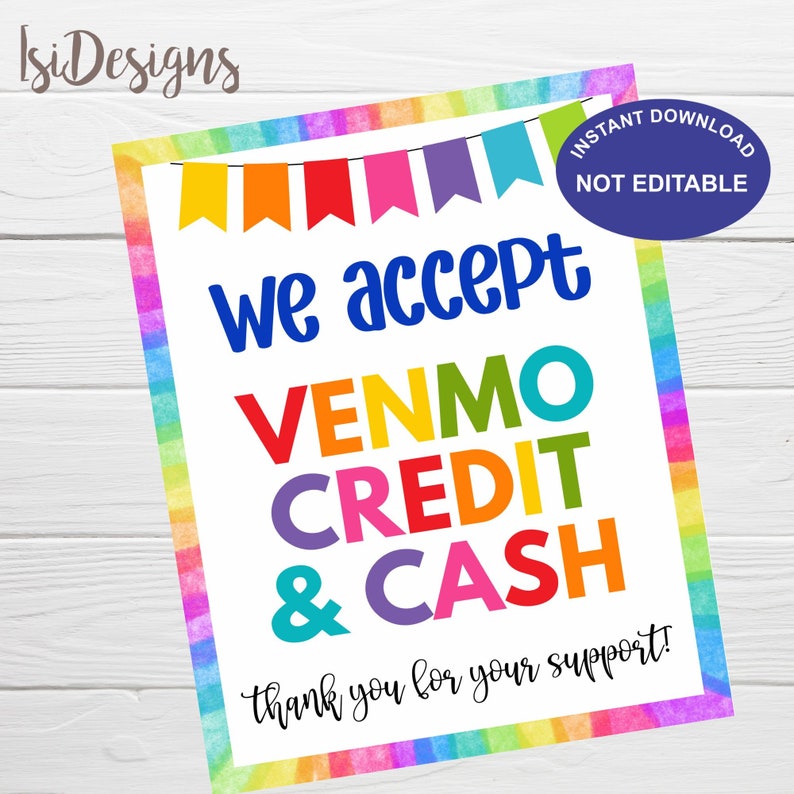 Payment Method Sign, We Accept Venmo Credit and Cash Printable Sign ...