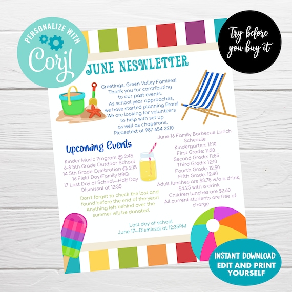 June PTO PTA Newsletter Editable, Flyer Template, School Newsletter ...