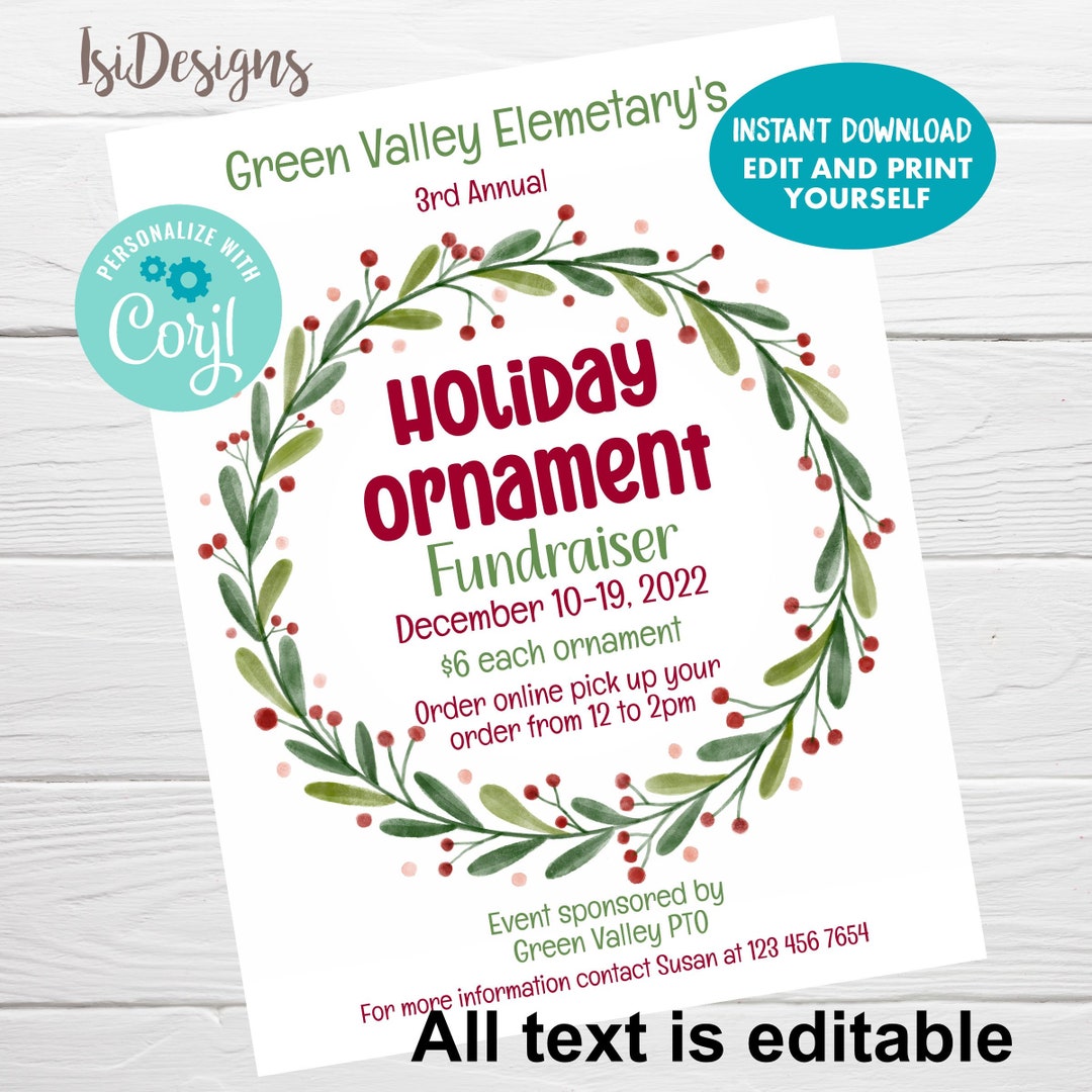 Holiday Ornament Fundraiser Flyer, Editable Christmas School Fundraiser ...