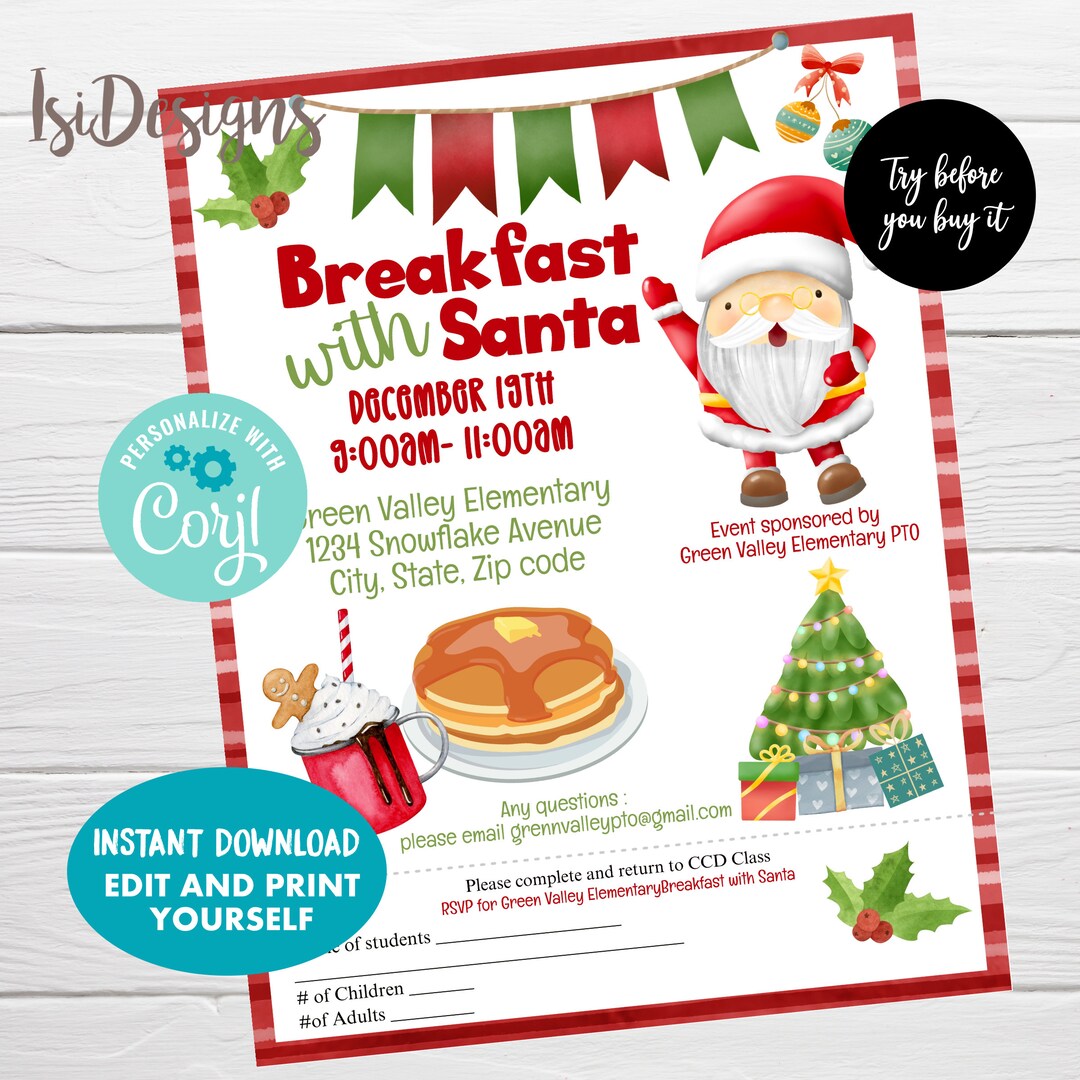 Breakfast With Santa Editable Flyer, Tear-off Pancakes With Santa Flyer ...