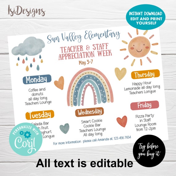 Teacher & Staff Appreciation Week Flyer, Instant Download, Editable ...