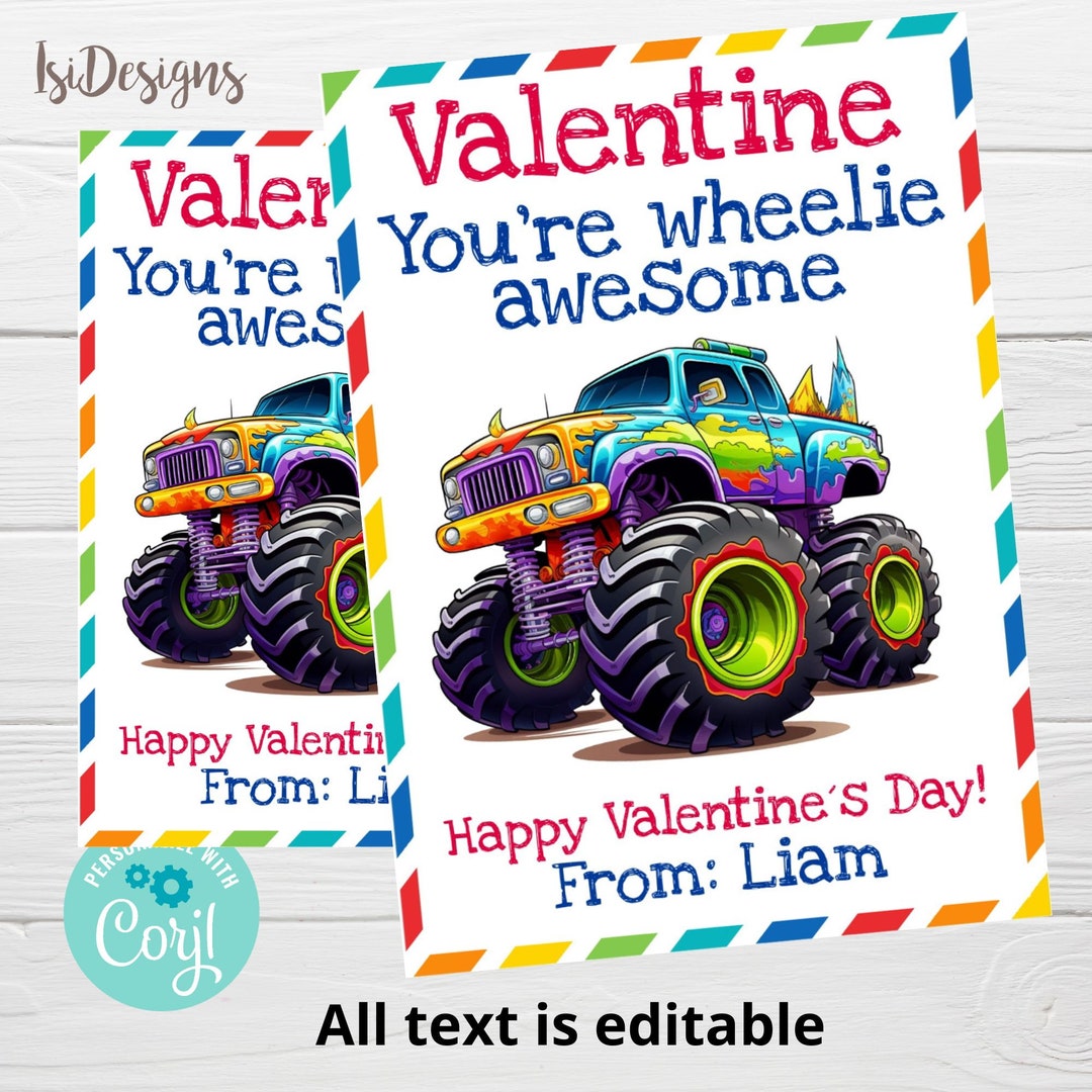 Monster Truck Valentine Gift Tags, Valentine's Day Exchange Cards ...