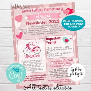 February PTO PTA Newsletter, Editable February Events Flyer, Instant ...